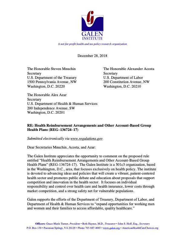 Galen Institute Comment Letter on HRA Proposed Regulation
